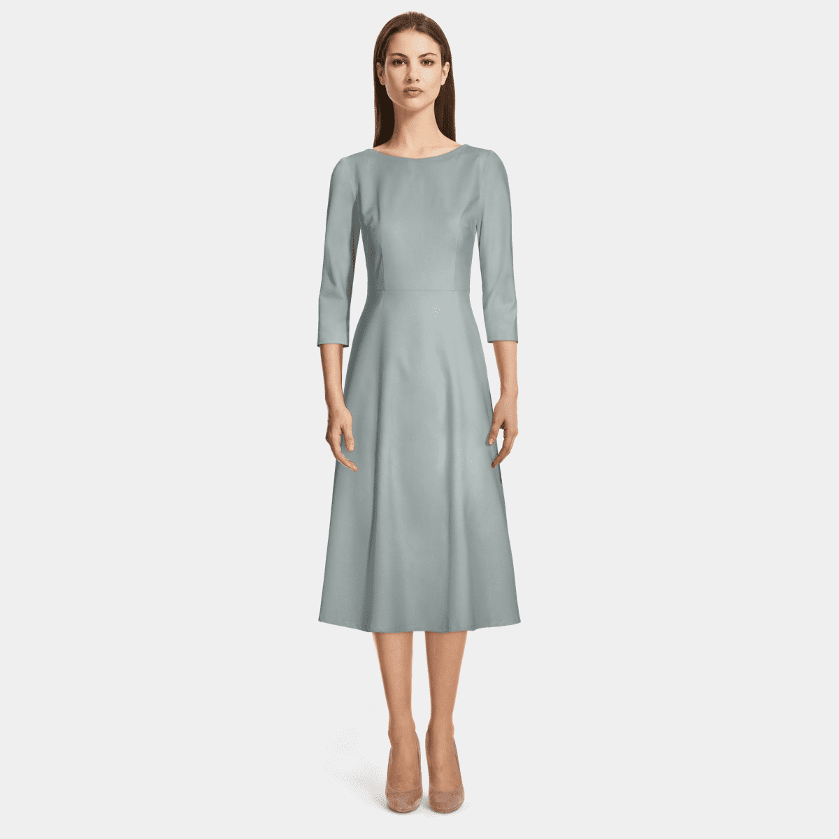Light Blue 3/4 sleeve boat neck Flared Midi Dress | Sumissura Light Blue 3/4 sleeve boat neck Flared Midi Dress | Sumissura
