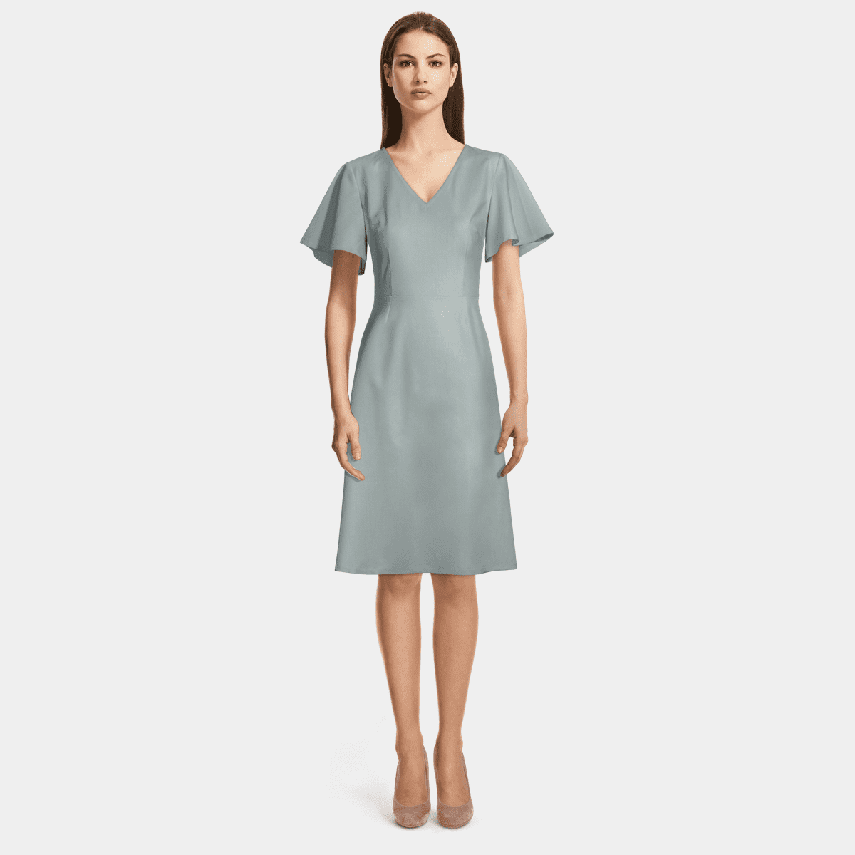 Light Blue bell sleeve v-neck A line Dress with pockets