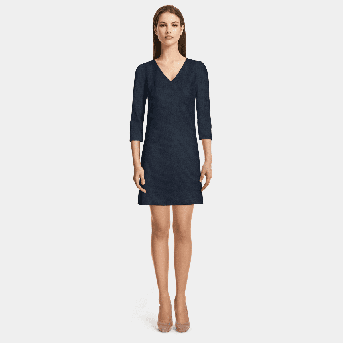 Navy Blue 3/4 sleeve v-neck Shift Short Dress