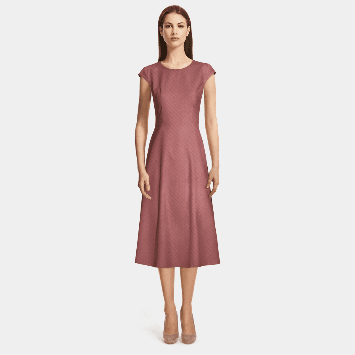 Pink round neck Flared Midi Dress | Sumissura