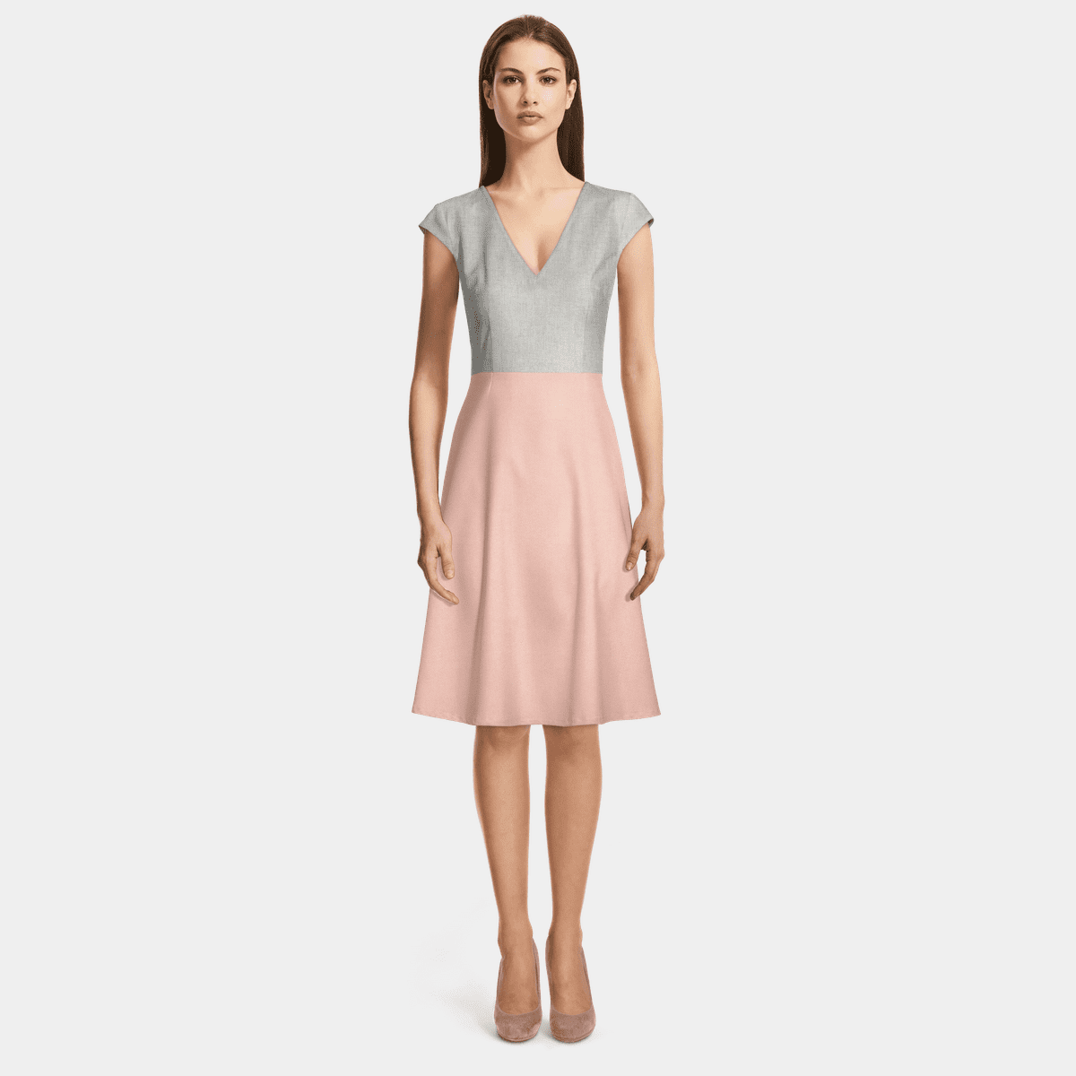 Gray and Pink v-neck Flared Dress