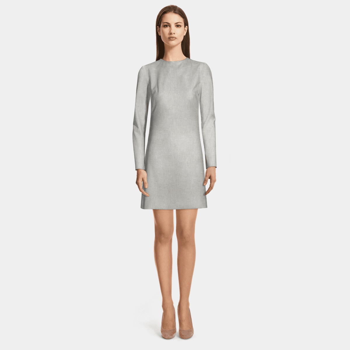 Light Gray long sleeve crew neck Shift Short Dress