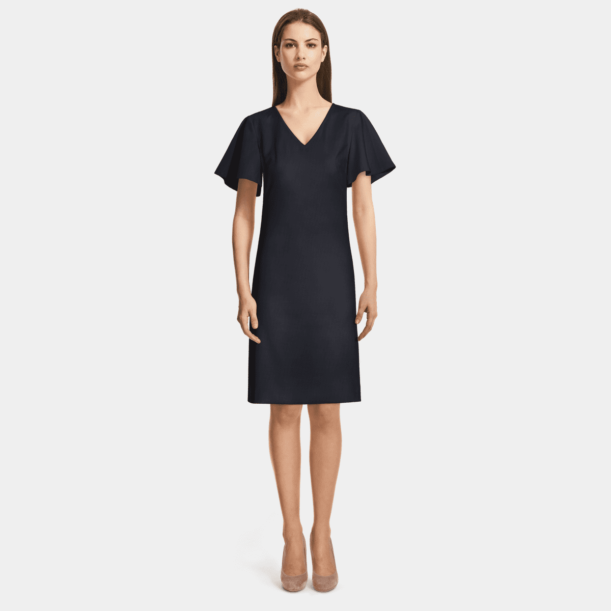Dark Blue bell sleeve v-neck Shift Dress | Sumissura
