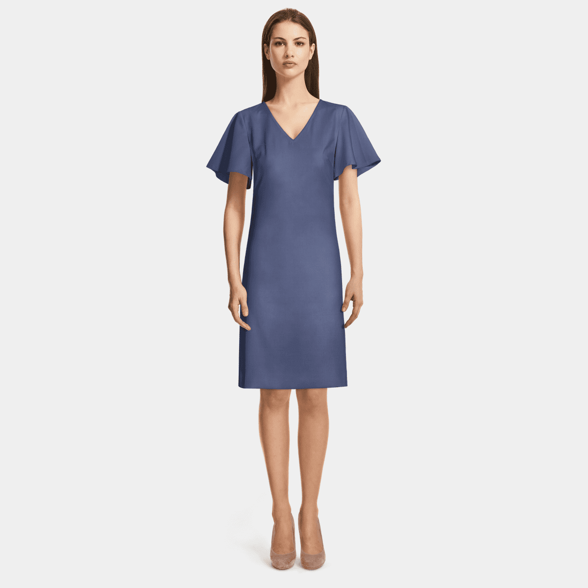 Mid Blue bell sleeve v-neck Shift Dress | Sumissura