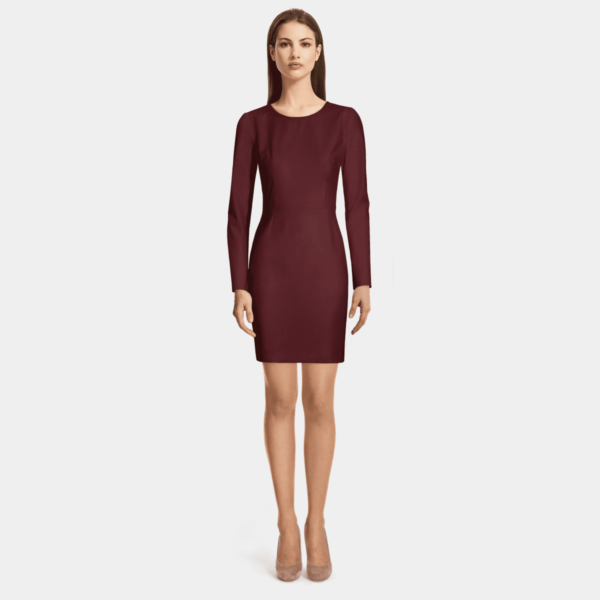 Burgundy long sleeve round neck Sheath Short Dress