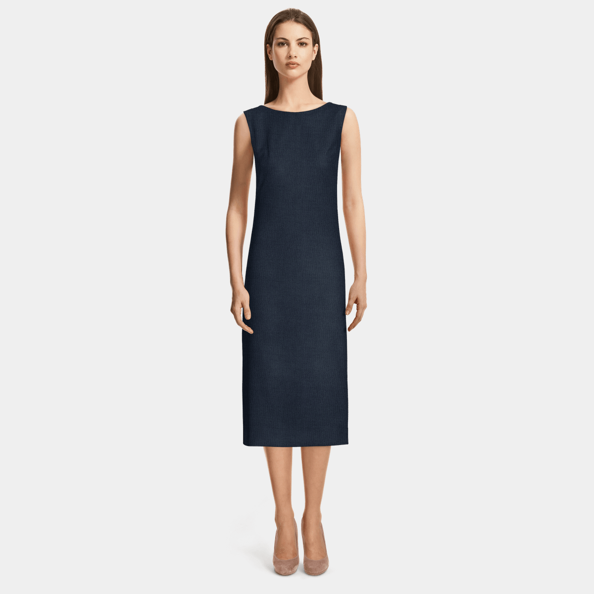 Navy Blue boat neck Shift Midi Dress | Sumissura