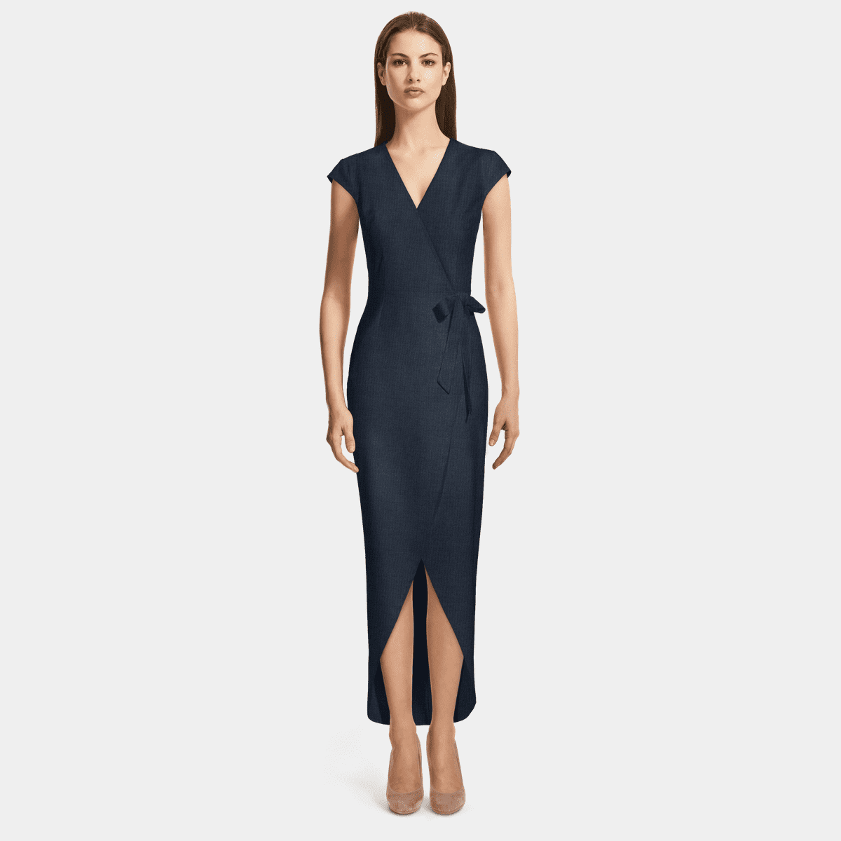 Navy Blue v-neck Wrap Long Dress | Sumissura