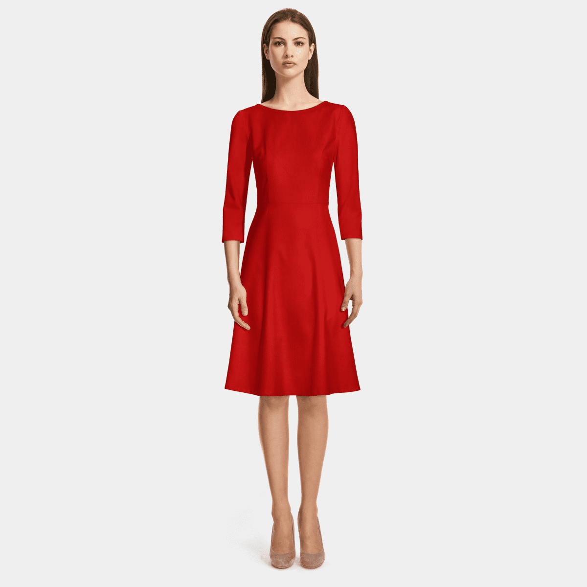 Intense Red 3/4 sleeve boat neck Flared Dress | Sumissura Intense Red 3/4 sleeve boat neck Flared Dress | Sumissura
