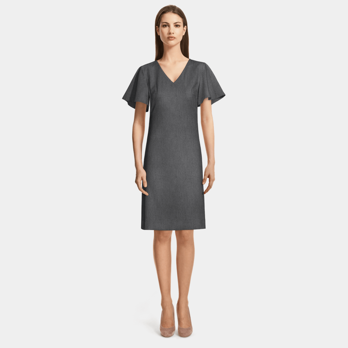 Gray bell sleeve v-neck Shift Dress