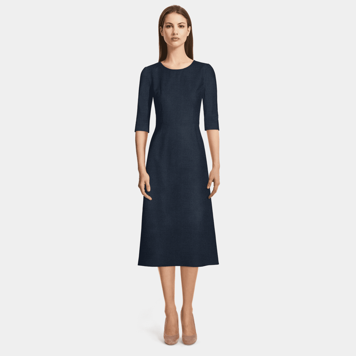 Navy Blue elbow sleeve round neck A line Midi Dress