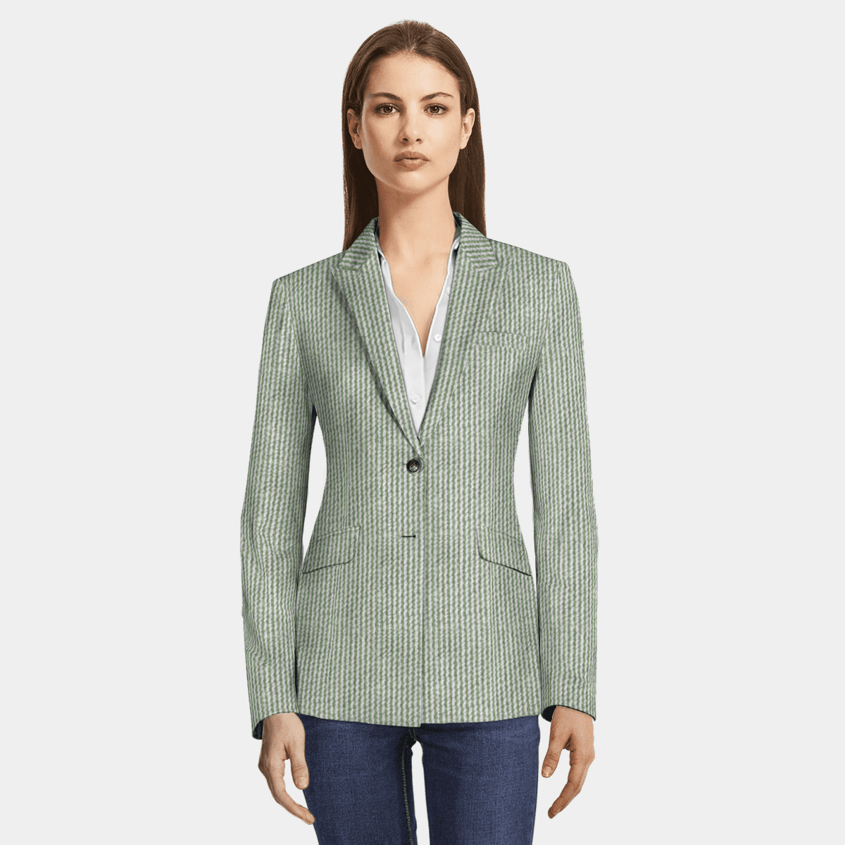 Light green lightweight seersucker Blazer with 2 brass buttons | Sumissura