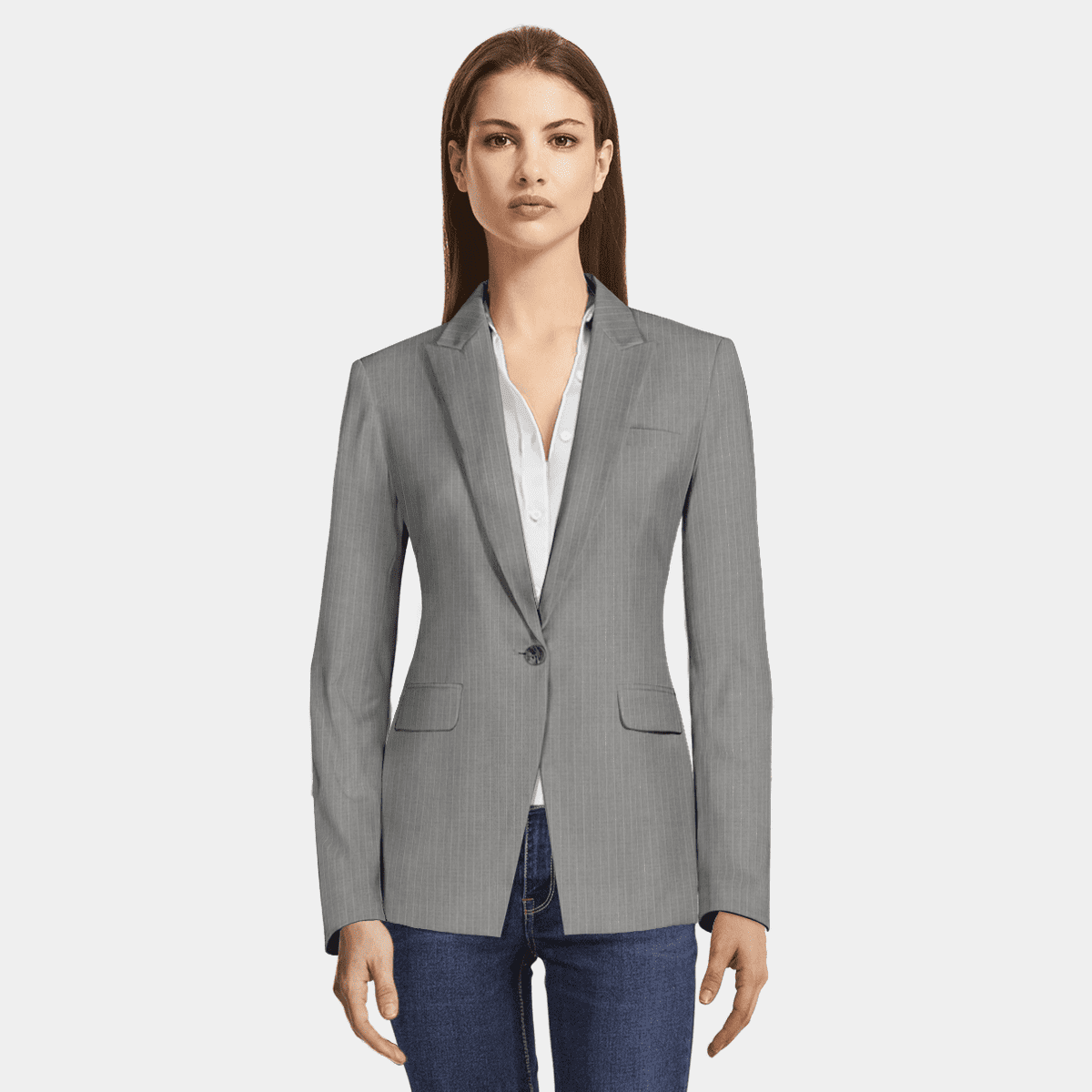 Mid gray pinstripe stretch essential Blazer with peak lapels | Sumissura