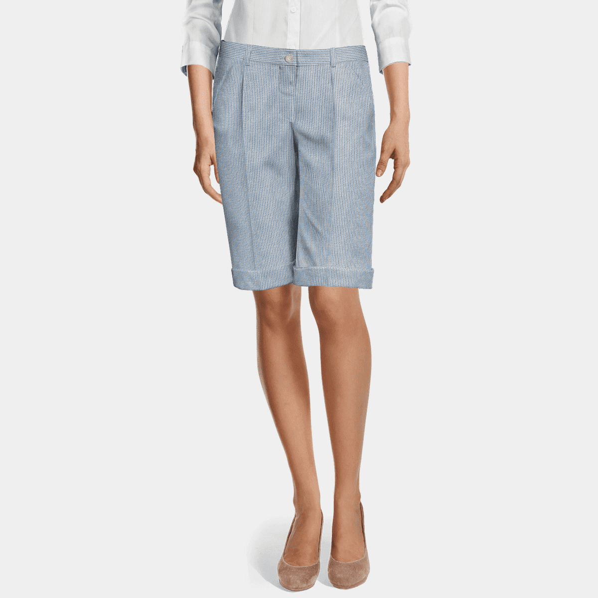 Mid blue seersucker pleated cuffed lightweight stretch Bermuda Pants