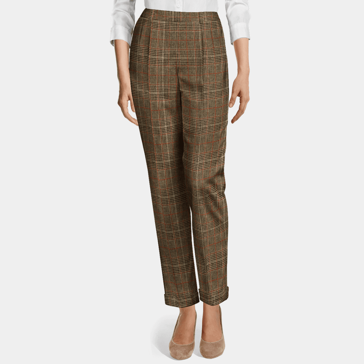 Brown prince of wales tweed high waisted pleated cuffed Side Zip Pants