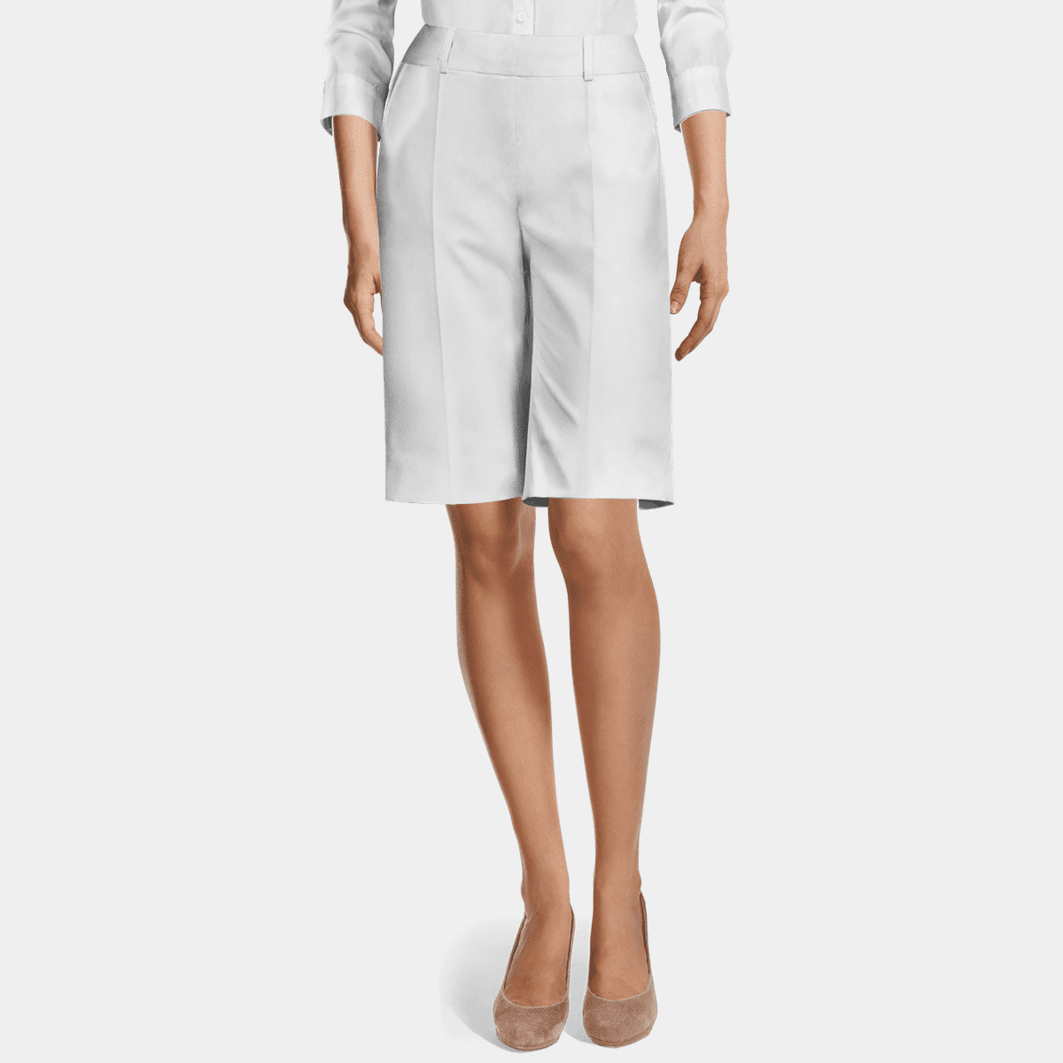 All white linen high waisted flat-front Wide leg Bermudas | Sumissura