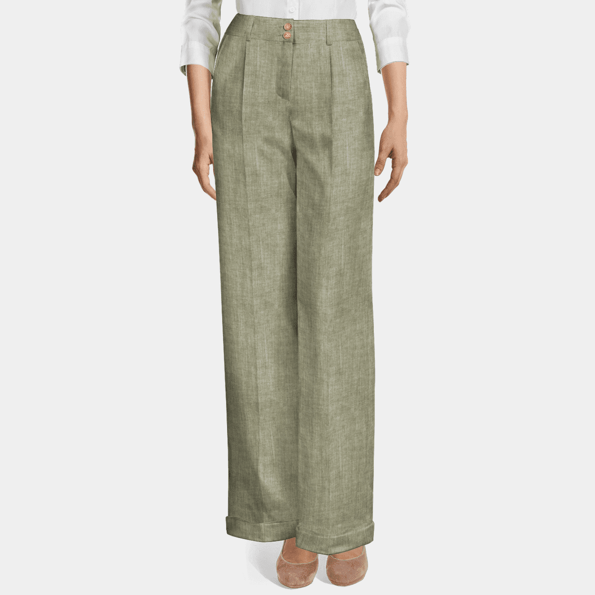 Sage green herringbone linen-cotton high waisted pleated cuffed Wide ...