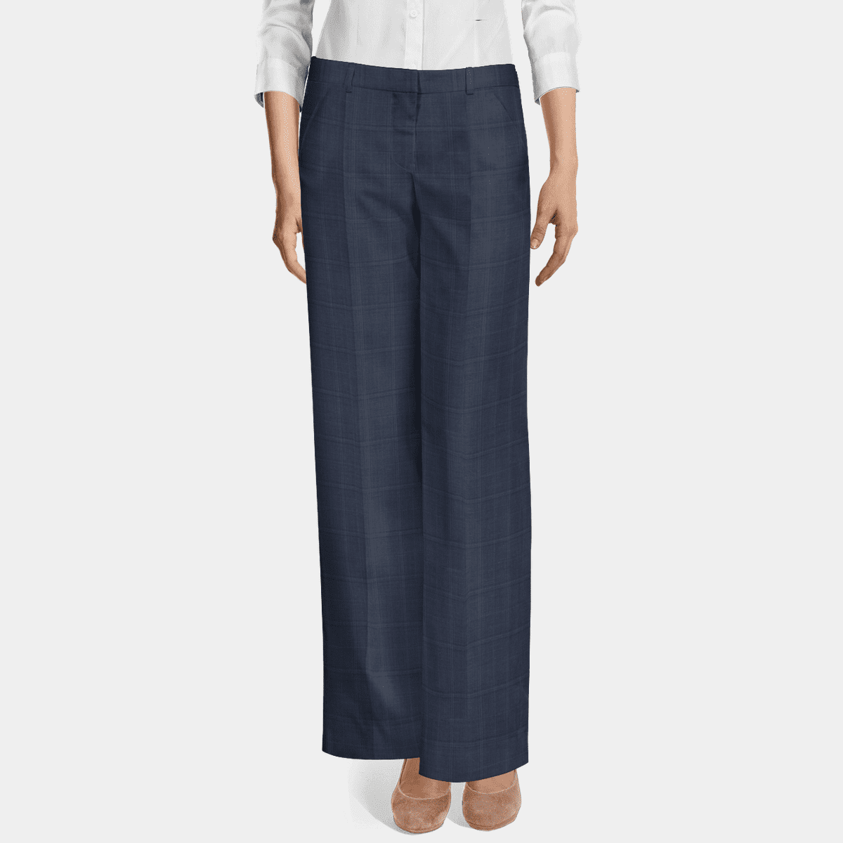 Blue windowpane pure wool flat-front Wide leg Pants