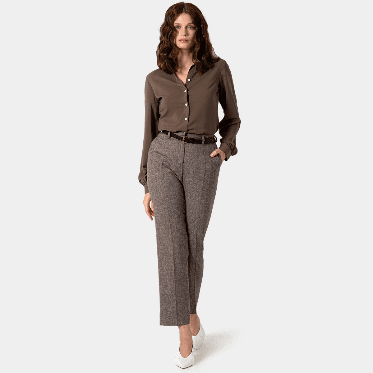 Light brown donegal tweed high waisted flat-front Slacks