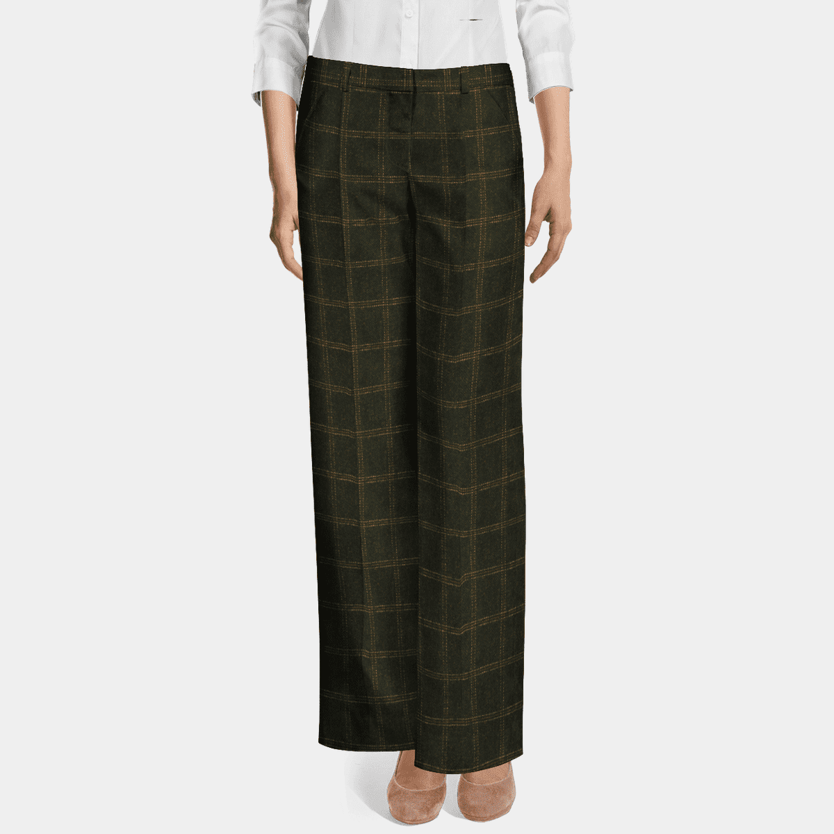 Forest green windowpane tweed flat-front Wide leg Pants | Sumissura