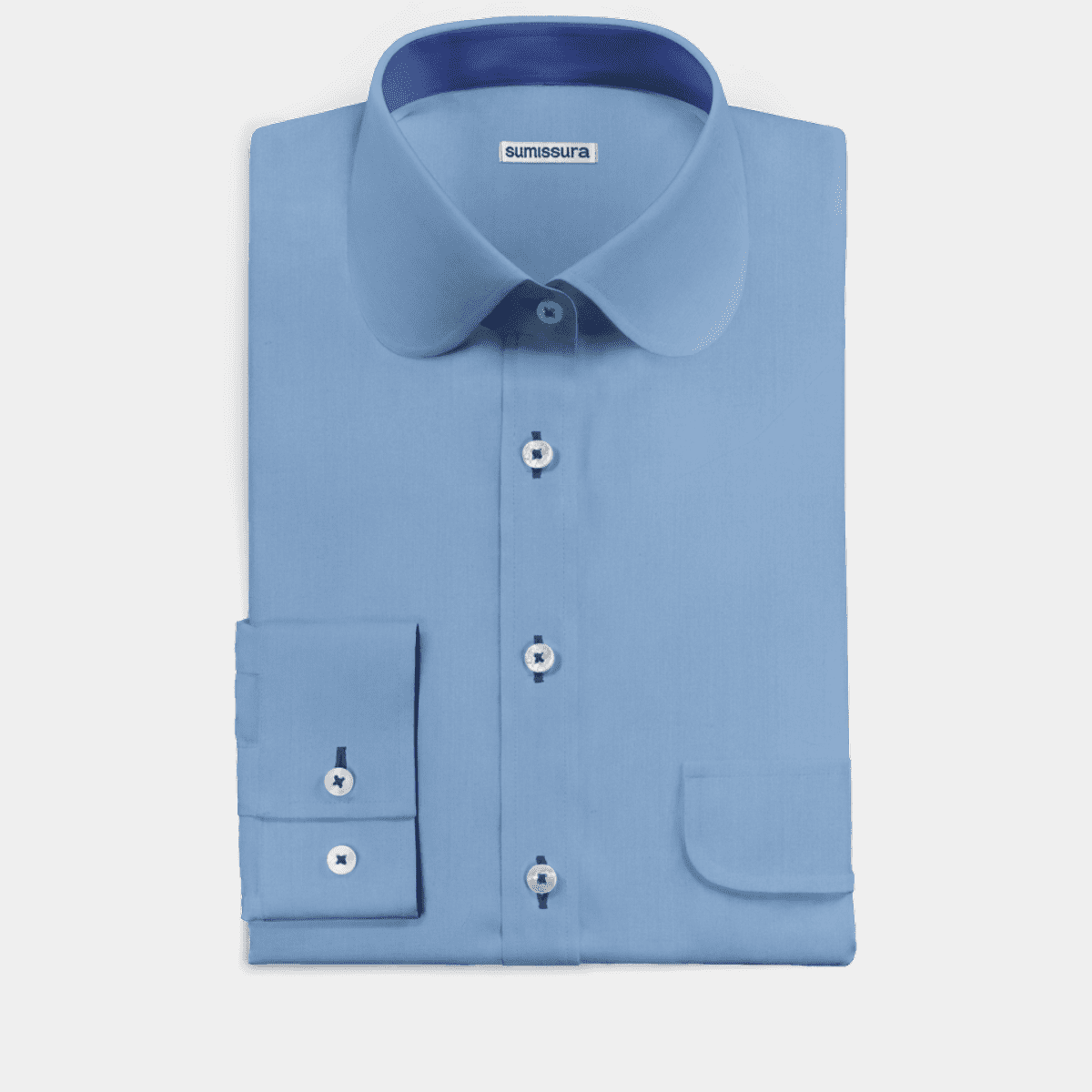 Mid Blue 3/4 sleeve lady collar Cotton blend Shirt with contrasted ...