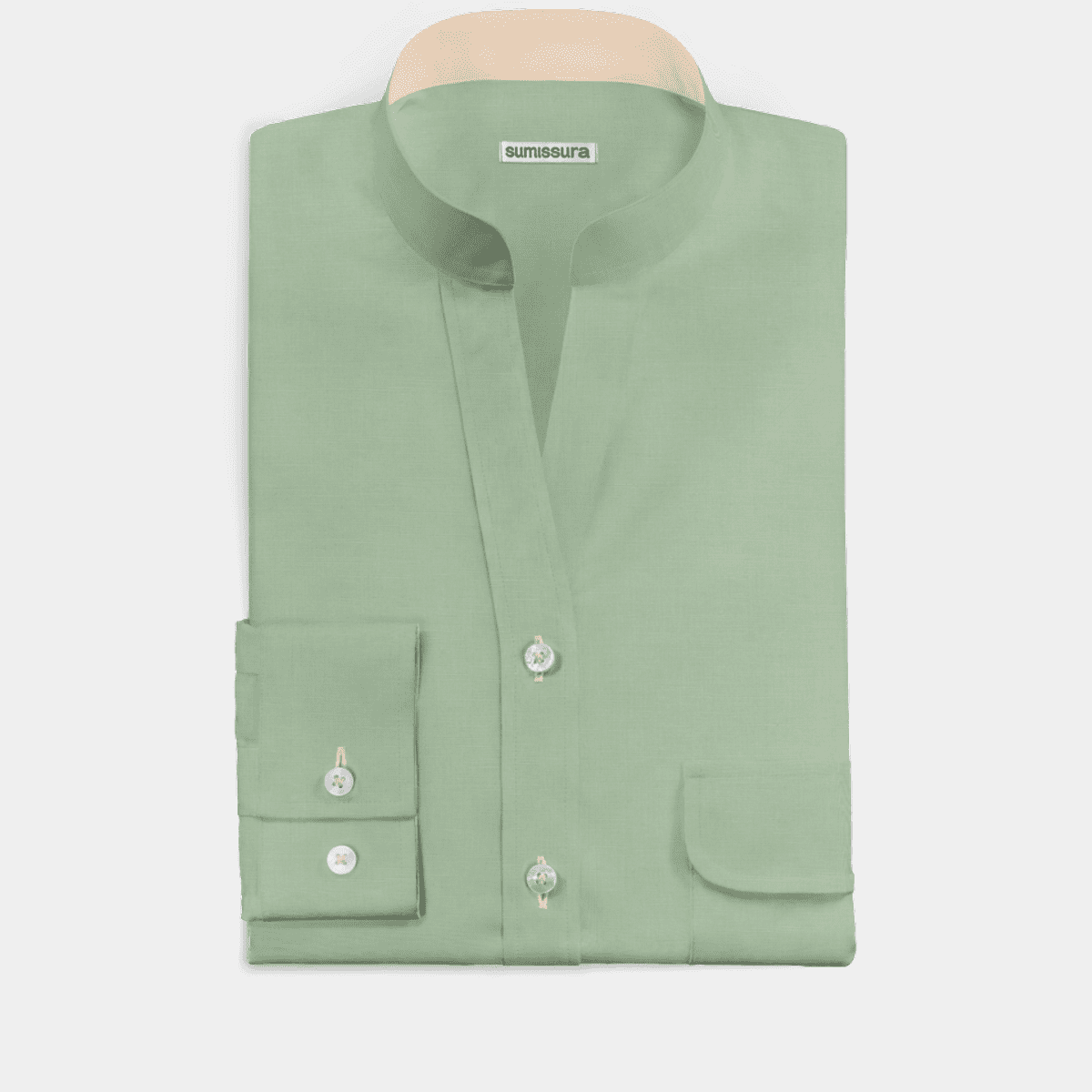 Sage Green 3/4 sleeve banded collar linen-cotton Dress Shirt with ...