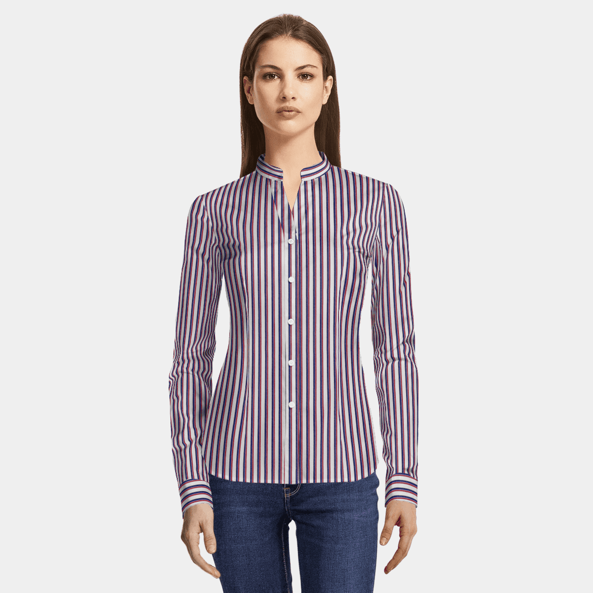 Camicia a righe bianca di cotone con collo mao | Sumissura