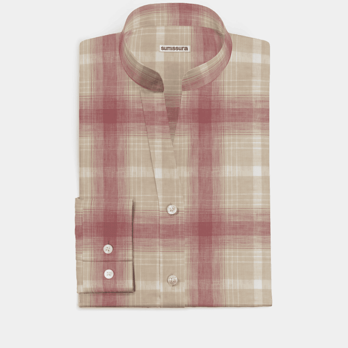 Chemise en lin rose sans col à carreaux