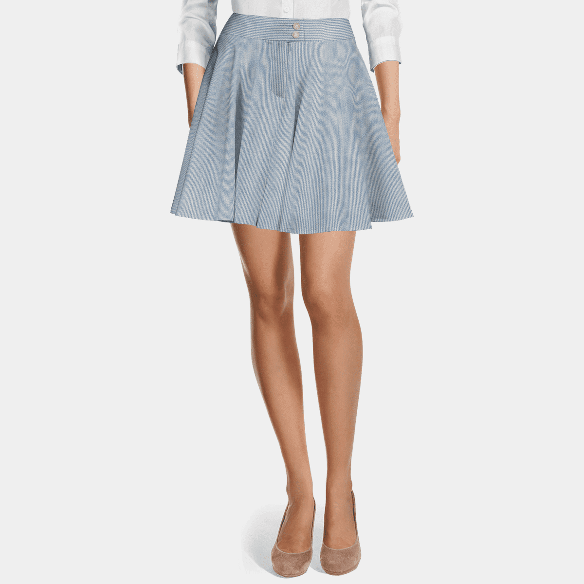 Mid blue seersucker high waisted short flared Skirt | Sumissura