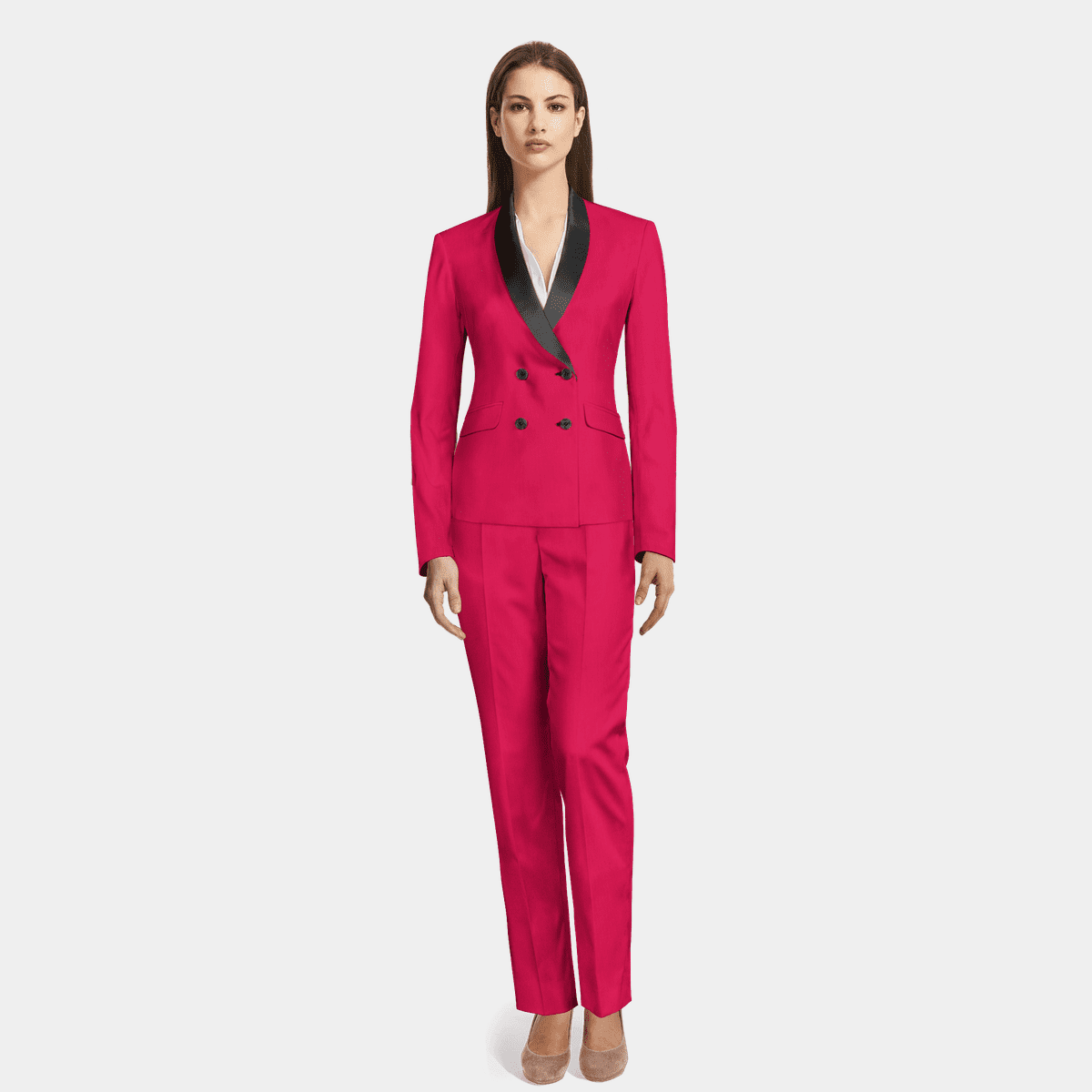 Fuchsia double breasted linen Tuxedo with shawl black lapels | Sumissura