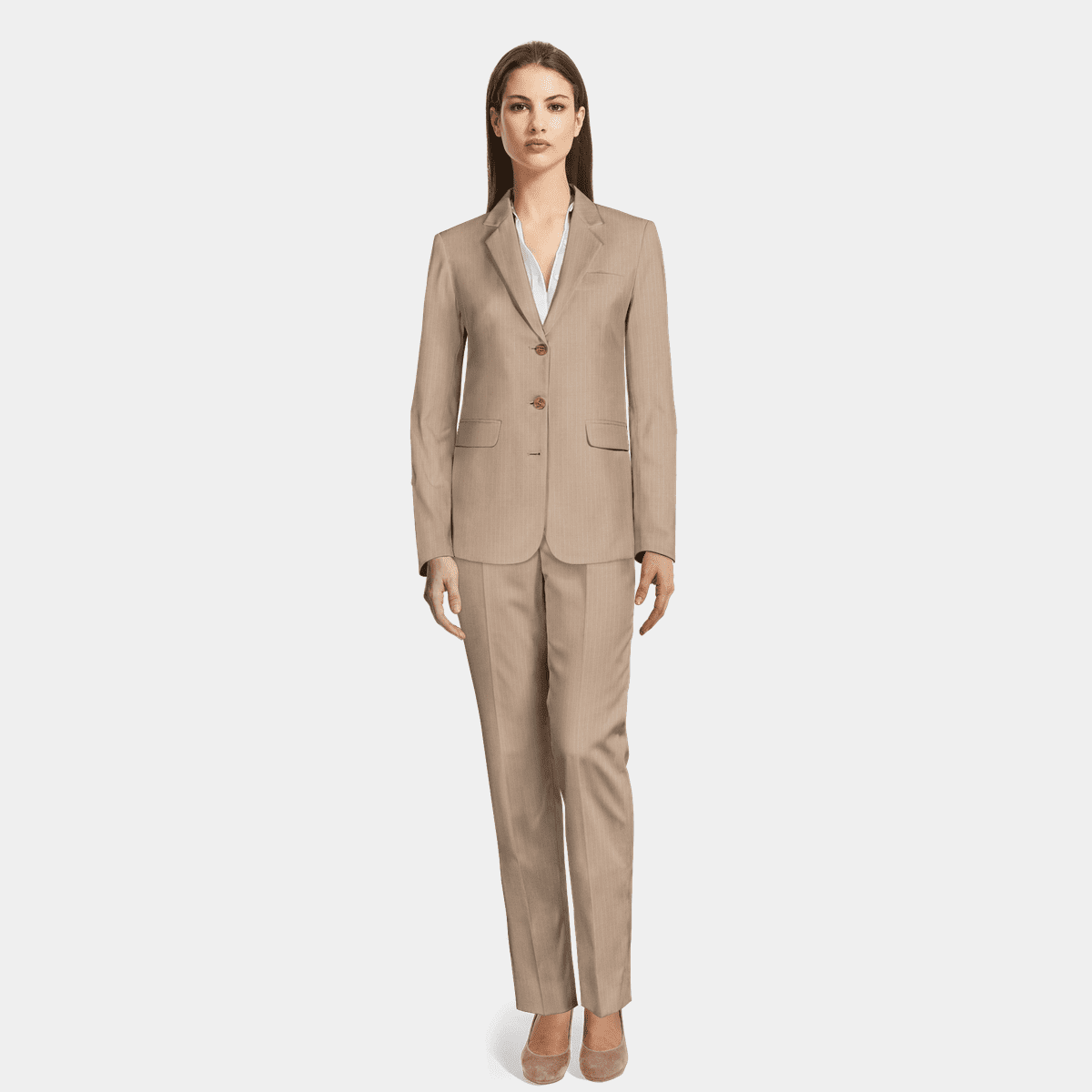 Beige 3 button striped stretch Woman Suit - relaxed fit | Sumissura