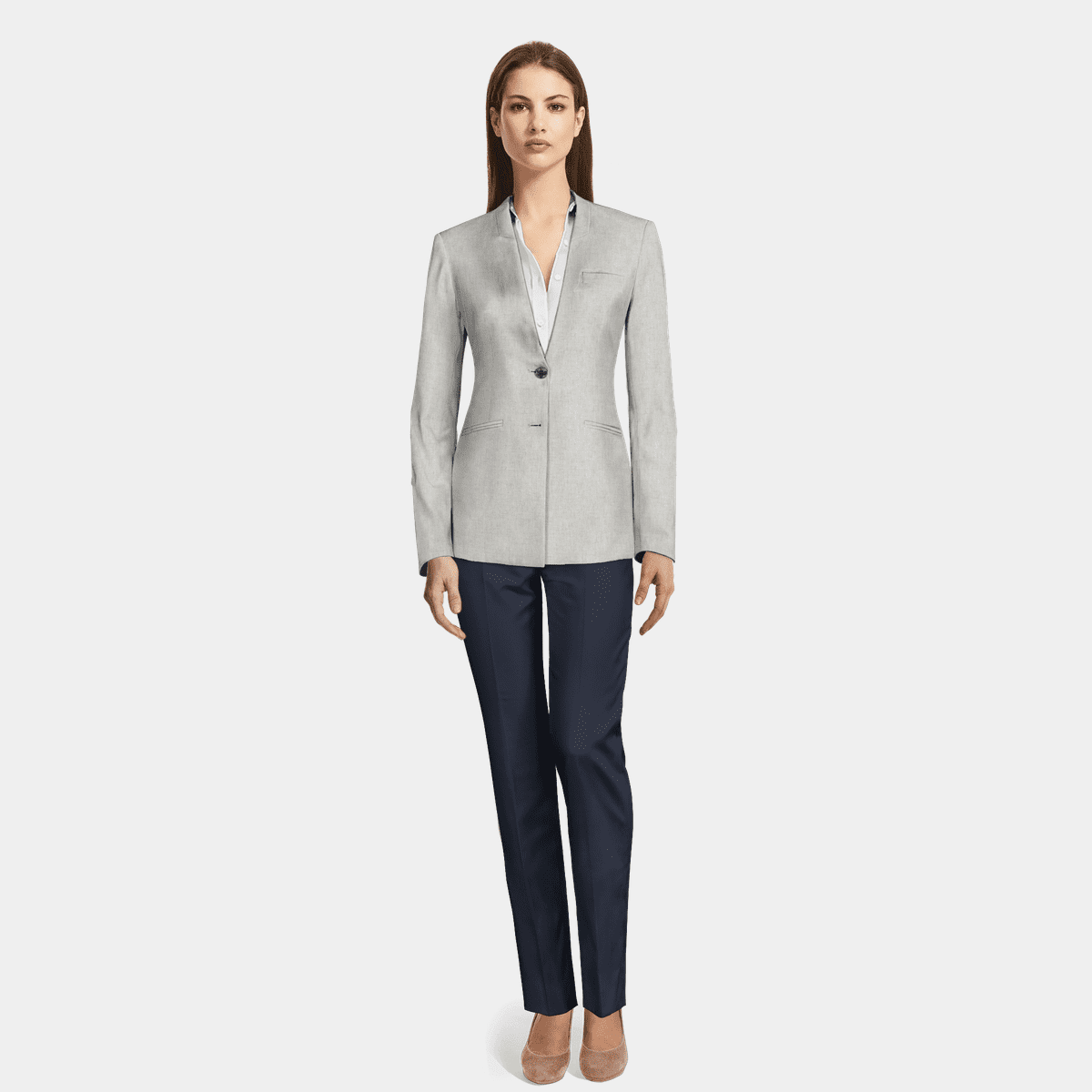 Light gray and navy blue no-lapels Linen Blends Suit Set | Sumissura