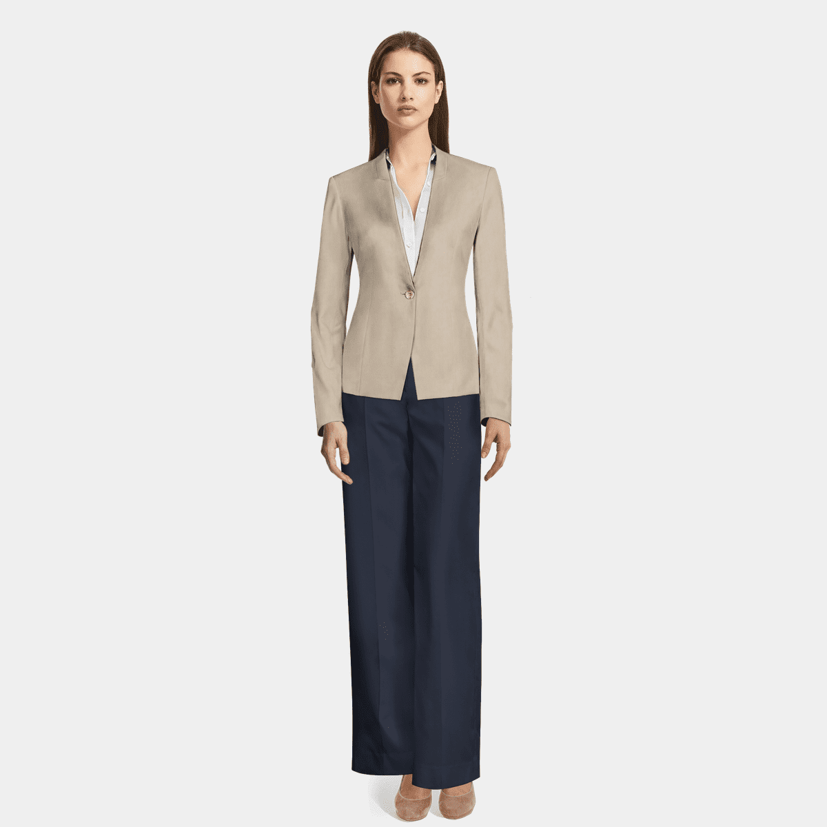 Beige and navy blue no-lapels Wide Leg Pant Suit | Sumissura