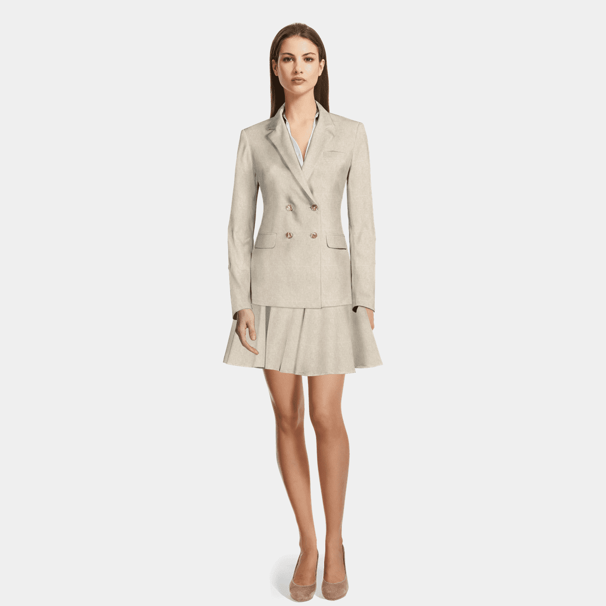 Cream double breasted linen short Flared Skirt Suit | Sumissura