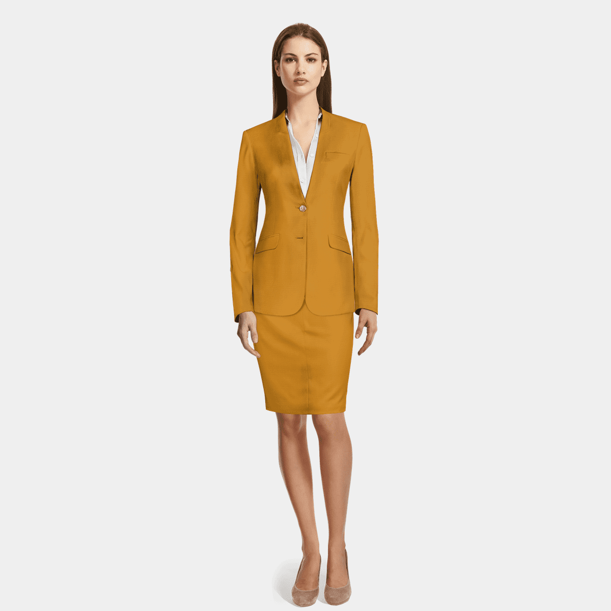 Gold no-lapels stretch Skirt Suit | Sumissura