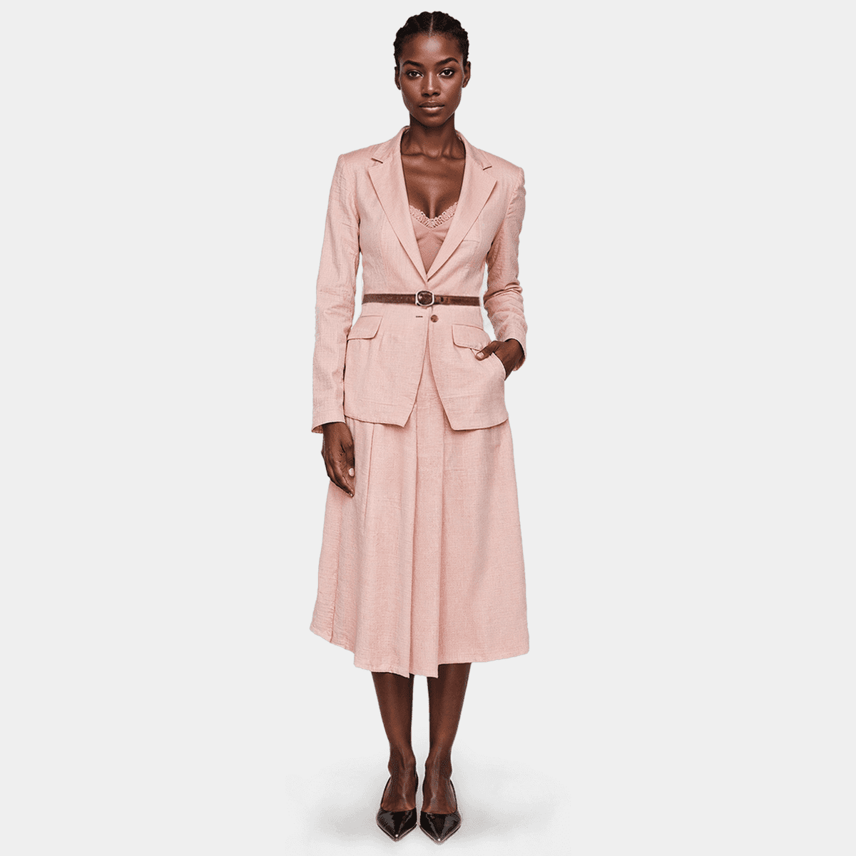 Blush Pink Linen Blends midi Flared Skirt Suit | Sumissura