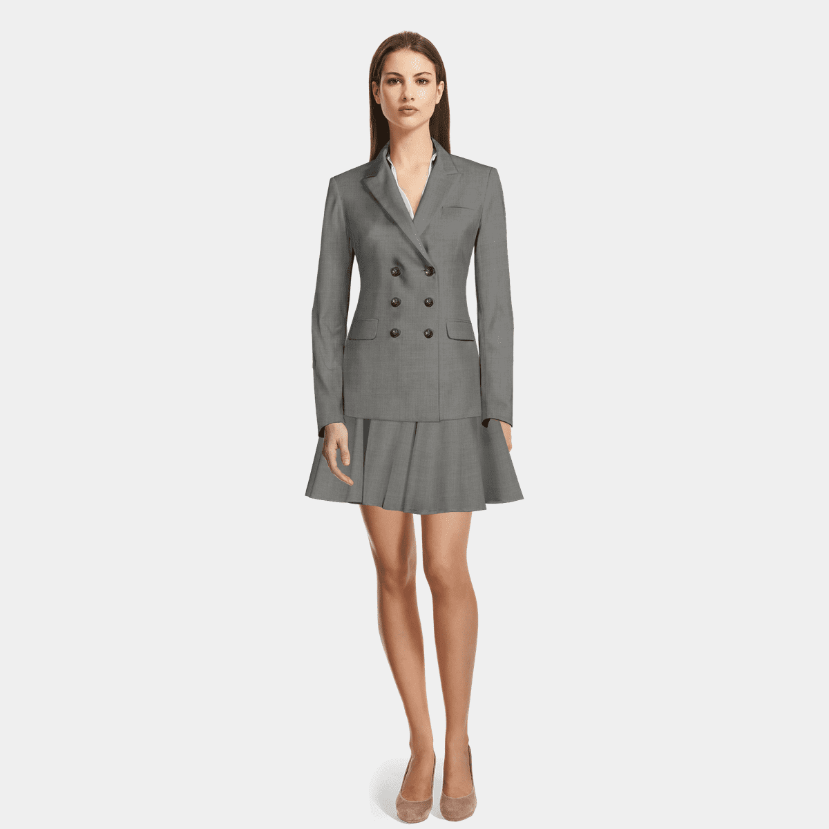 Premium Iron Gray double breasted wool short Flared Skirt Suit | Sumissura
