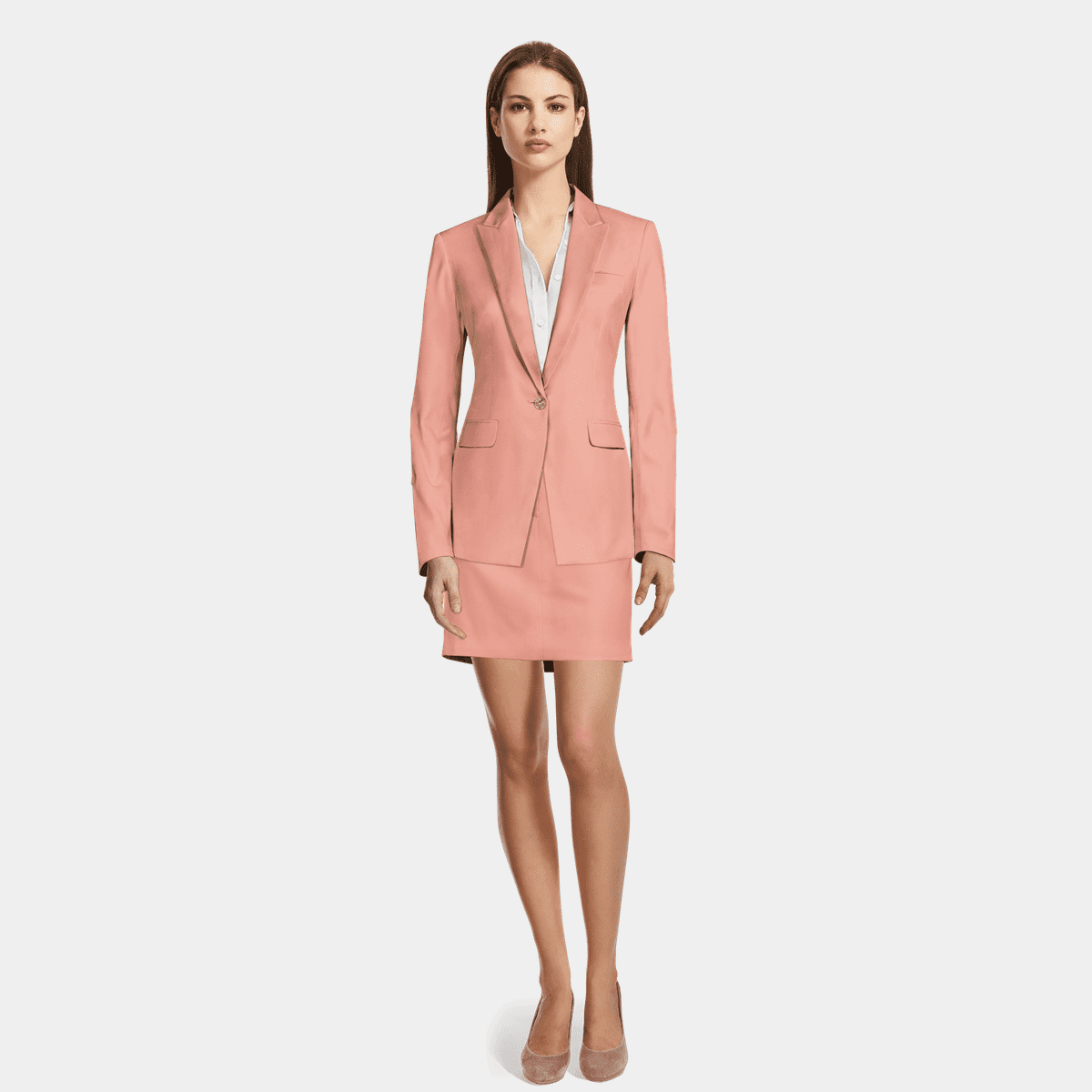 Pink one-button short stretch Skirt Suit with peak lapels | Sumissura