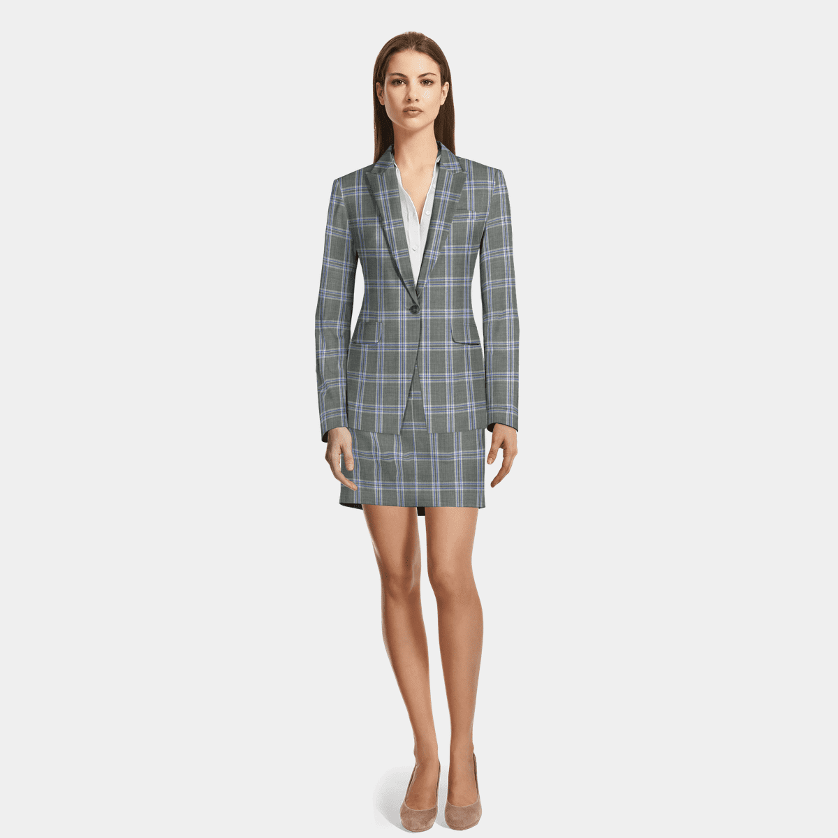 Dark Gray Plaid wool blend one-button short Skirt Suit with peak lapels ...