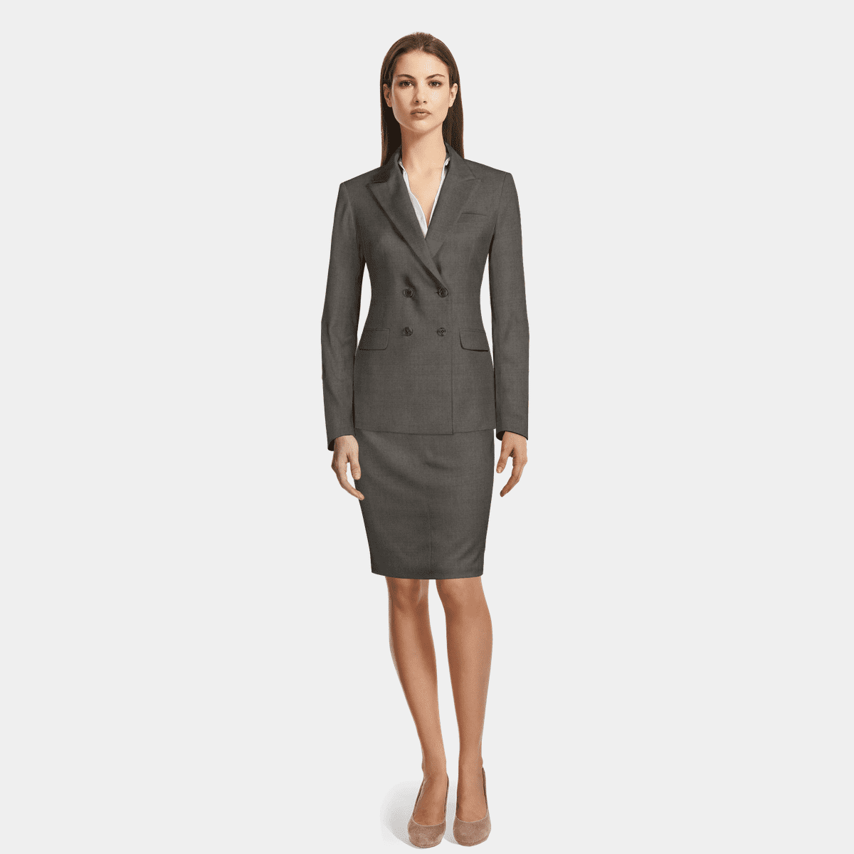 Premium Dark Gray double breasted Houndstooth wool stretch Skirt Suit
