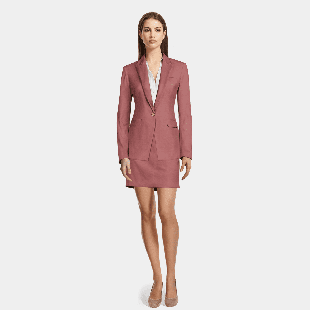 Pink one-button short stretch Skirt Suit with peak lapels | Sumissura