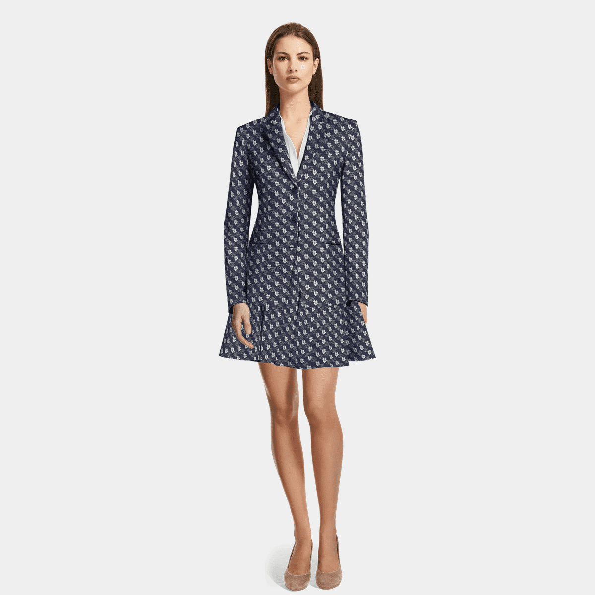 Blue floral jacquard 3-button short Flared Skirt Suit with peak lapels