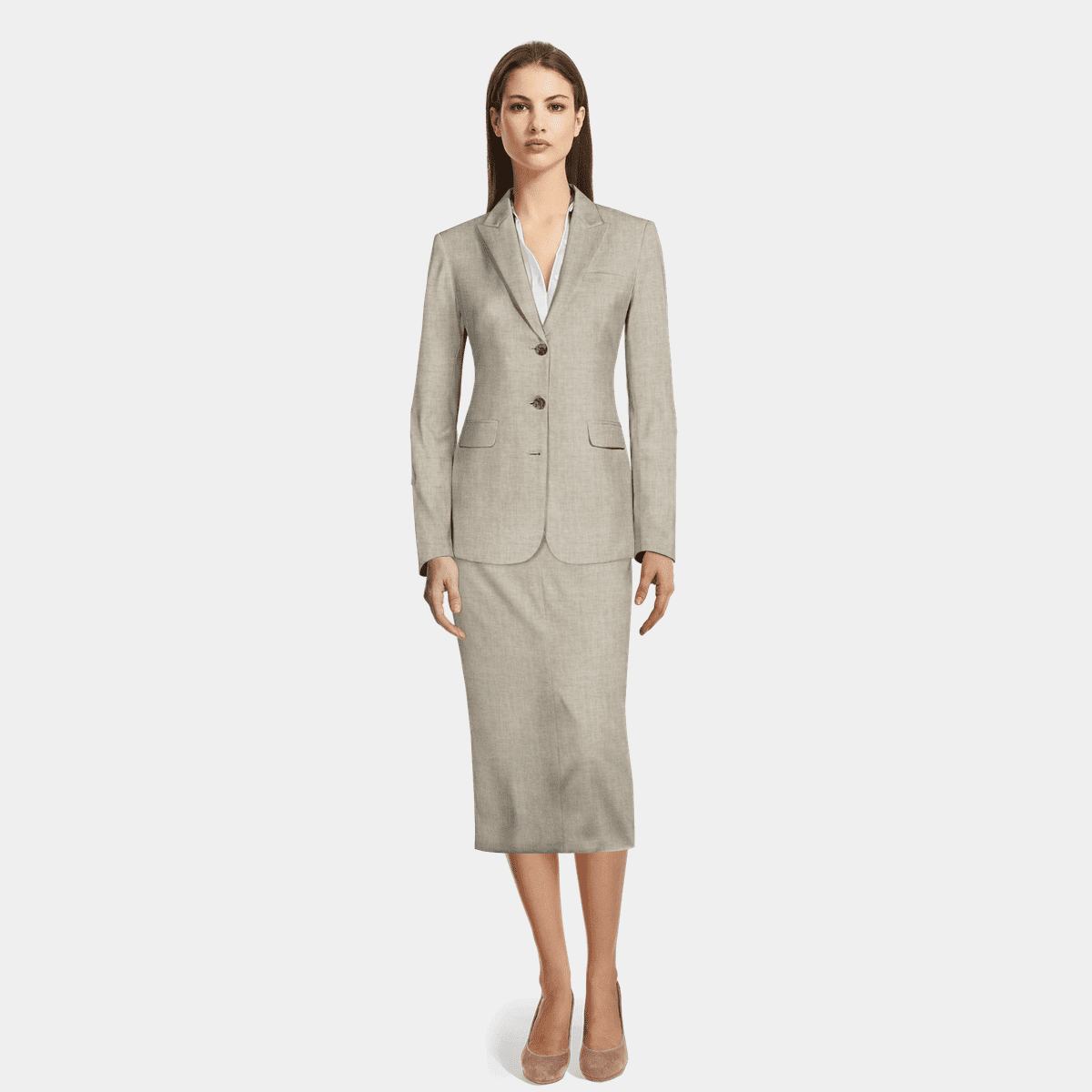Light Grey Herringbone Linen 3 Button Midi Skirt Suit With Peak Lapels
