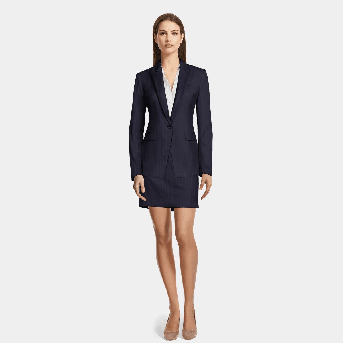 Blue striped wool blend one-button short Skirt Suit with peak lapels ...