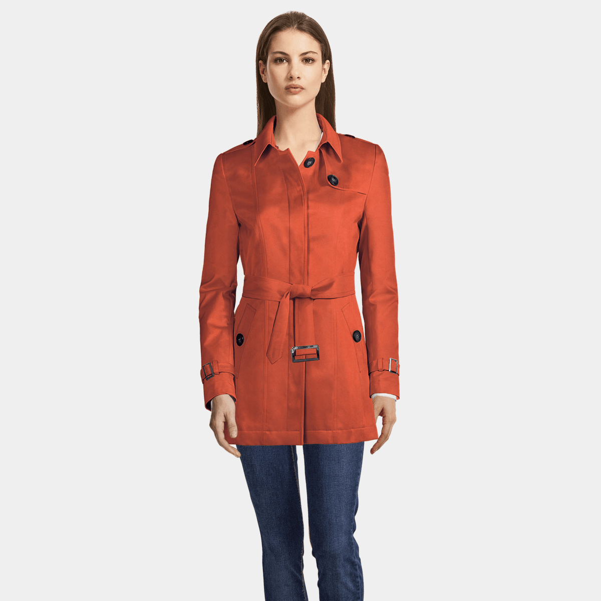 Coral Red Short single-breasted Trench Coat with hidden buttons | Sumissura