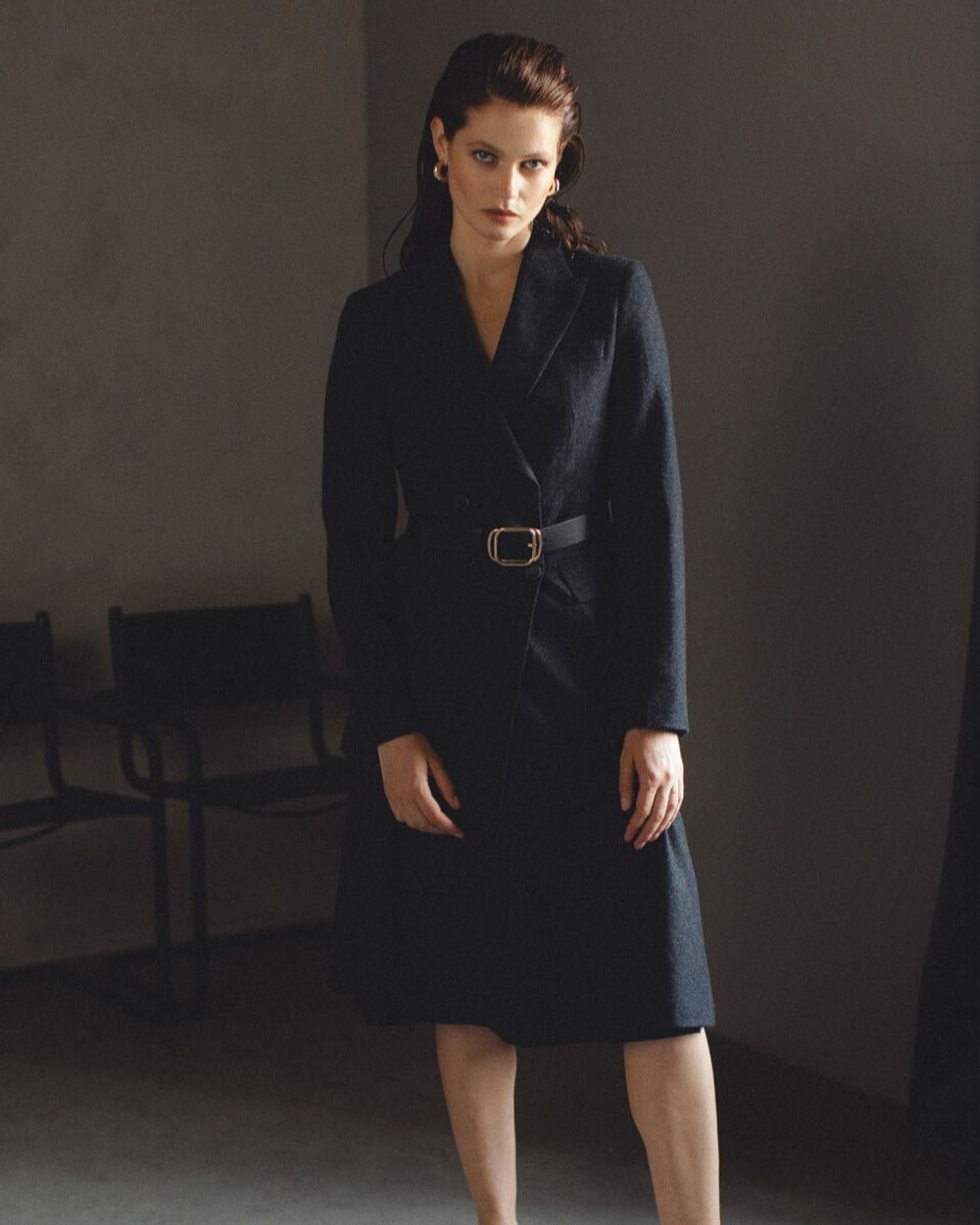 Charcoal Gray Herringbone Wool Blend Midi Flared Skirt Suit Sumissura
