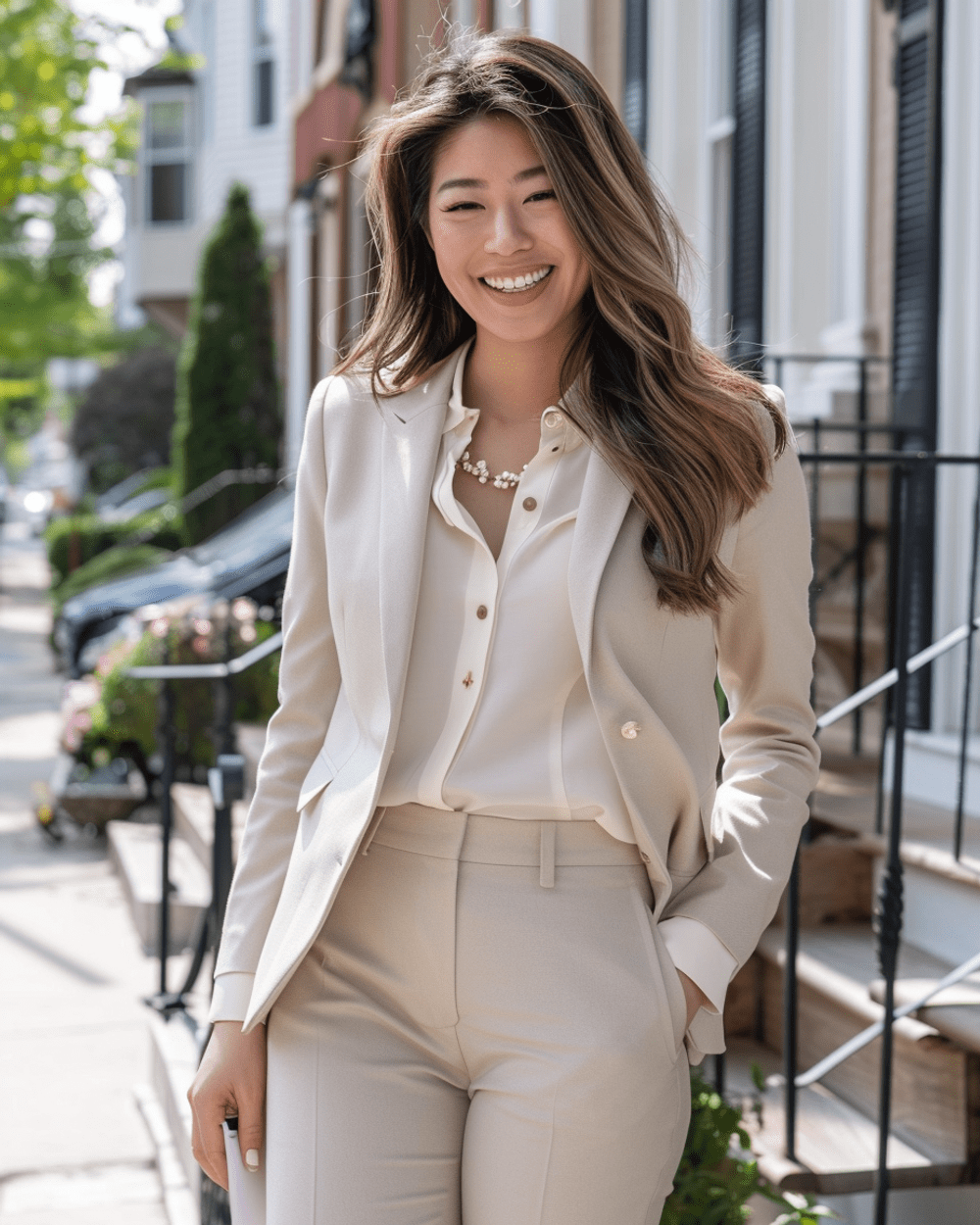 Gabardina Beige con Suéter Blanco | Sumissura