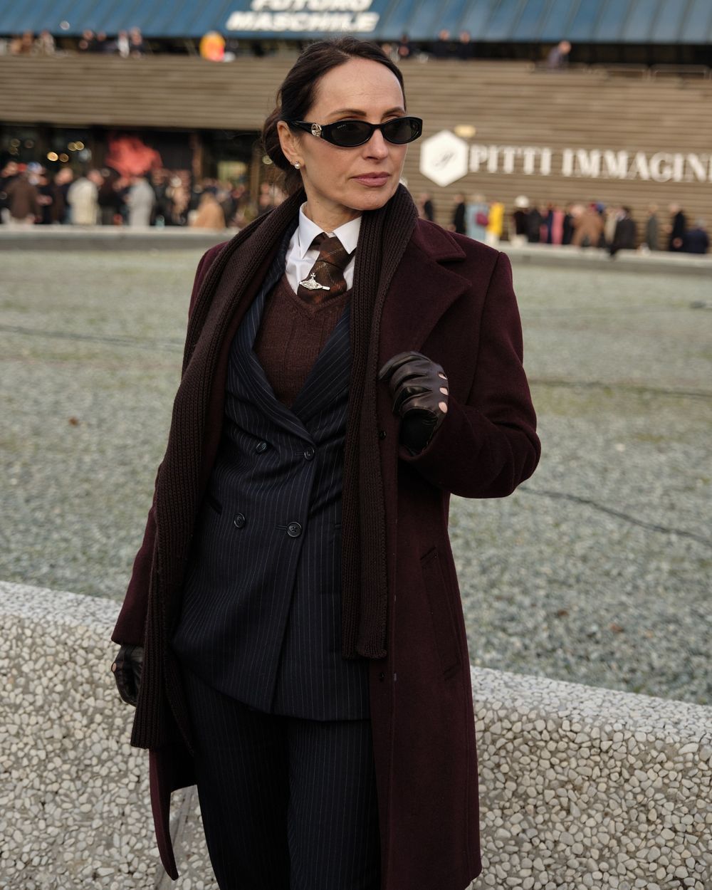 Deep Wine Coat with Navy Double-Breasted Suit and Leather Gloves | Sumissura
