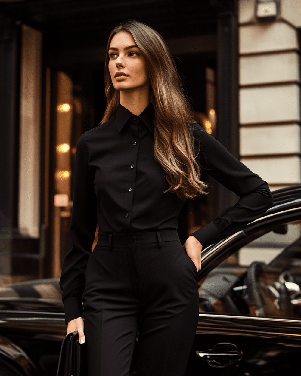 Chic All-Black Suit with Draped Crop Top | Sumissura