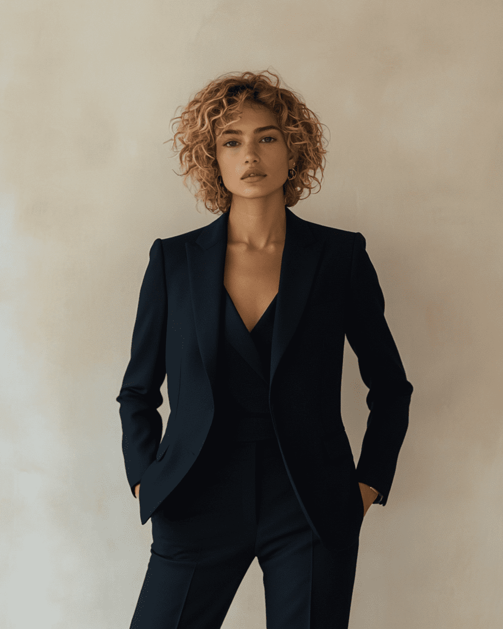 Tailored Navy Suit with Deep V-Neck Top | Sumissura