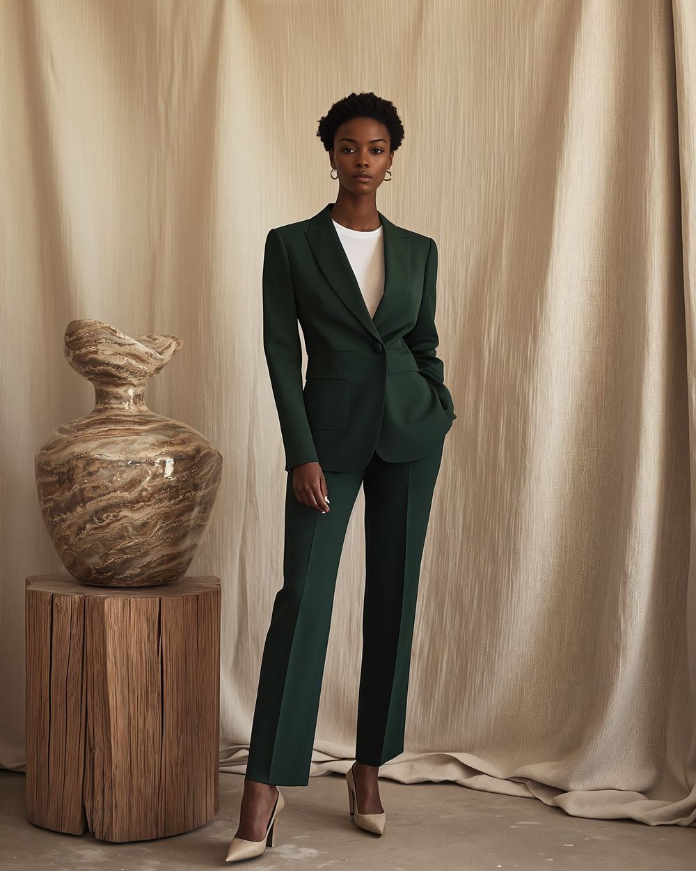 Dark Green no-lapels Wide Leg Pant Suit | Sumissura